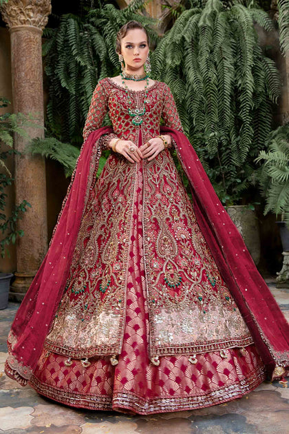Royal Red Pakistani Bridal Outfit in Gown Lehenga Style – Nameera by Farooq