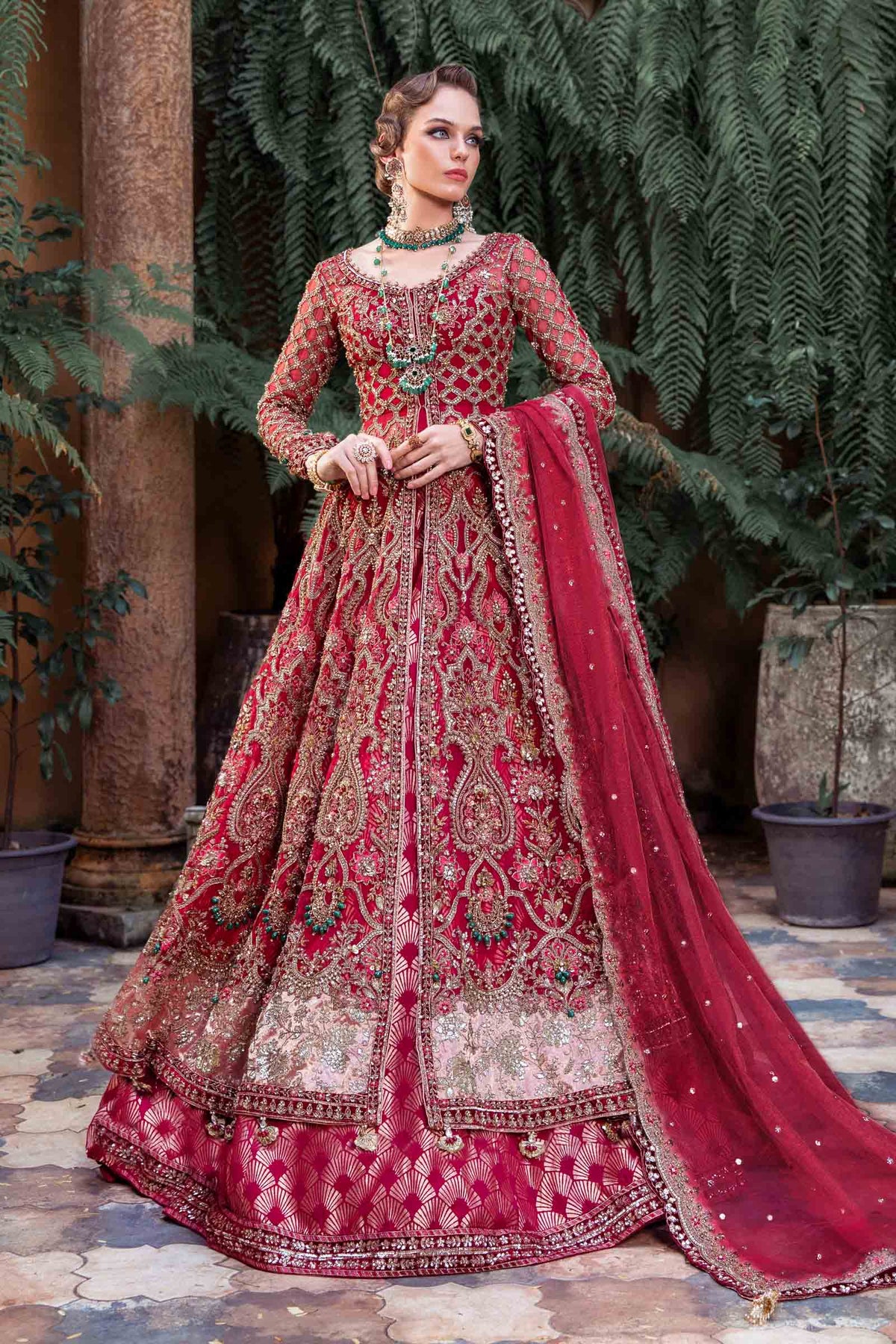 Royal Red Pakistani Bridal Outfit in Gown Lehenga Style – Nameera by Farooq