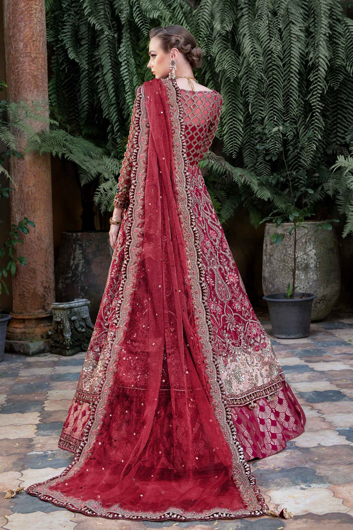 Royal Red Pakistani Bridal Outfit in Gown Lehenga Style – Nameera by Farooq