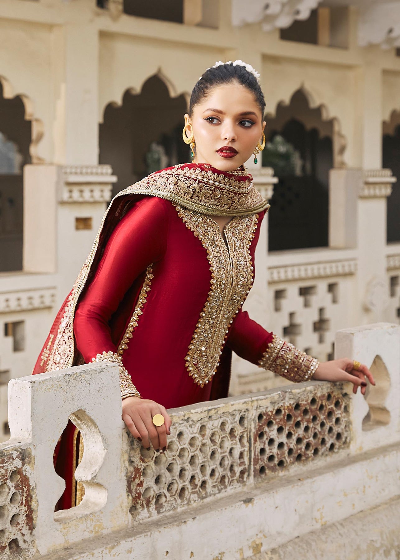 Red Pakistani Wedding Dress in Kameez Churidar Style – Nameera by Farooq