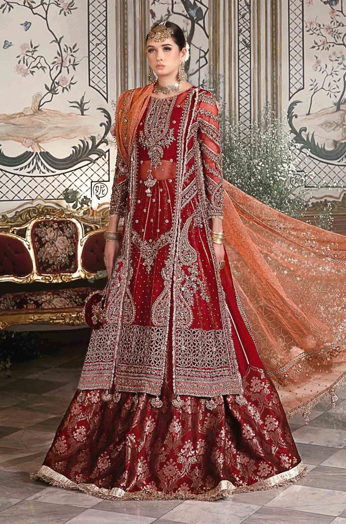 Red Pakistani Wedding Dress in Lehenga Kameez Style – Nameera by Farooq