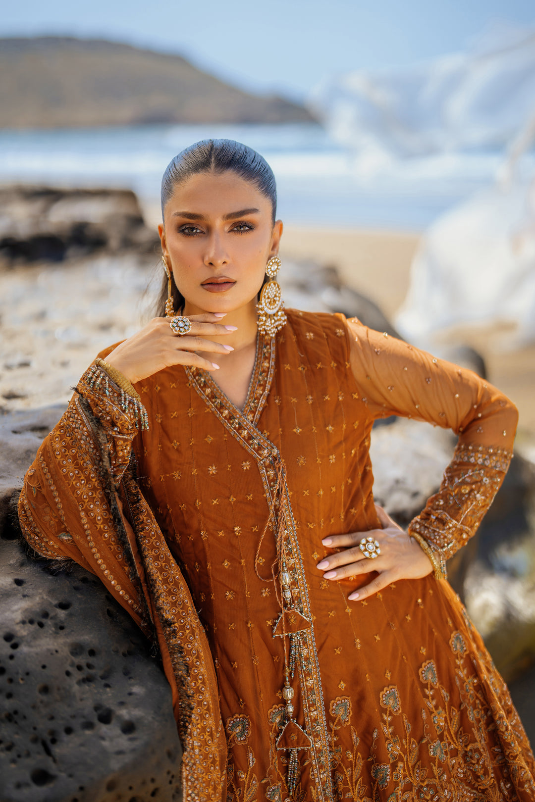 Rust Red Pakistani Wedding Dress Angrakha Style Pishwas – Nameera by Farooq