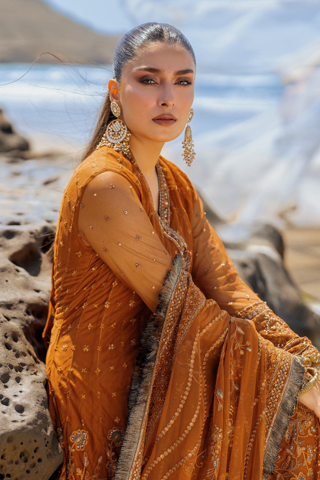 Rust Red Pakistani Wedding Dress Angrakha Style Pishwas – Nameera by Farooq