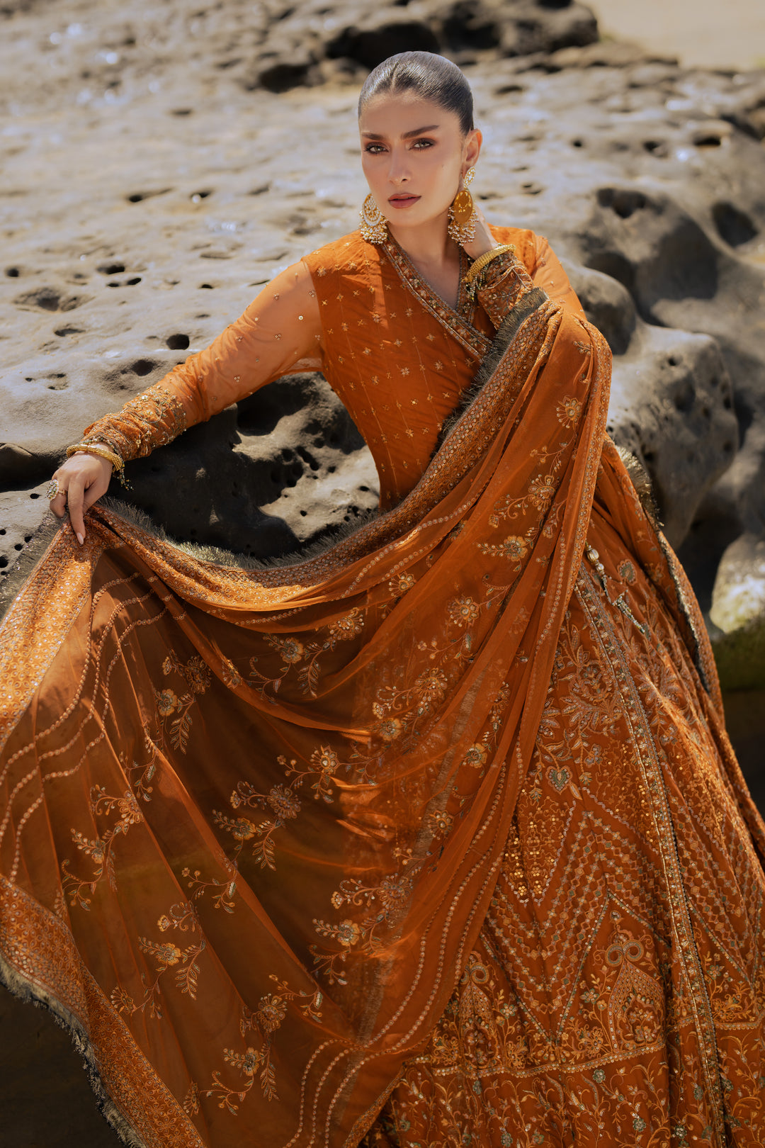 Rust Red Pakistani Wedding Dress Angrakha Style Pishwas – Nameera by Farooq