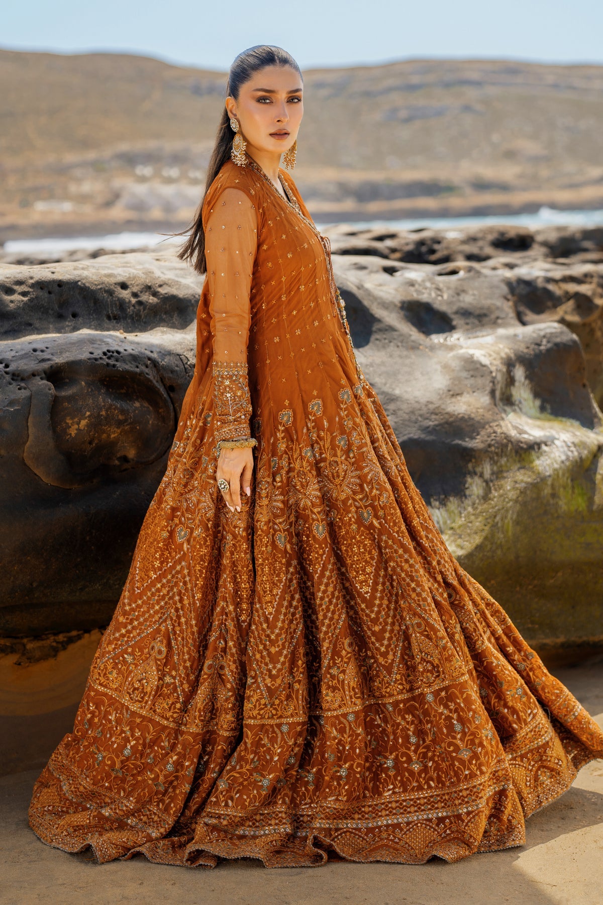 Rust Red Pakistani Wedding Dress Angrakha Style Pishwas – Nameera by Farooq