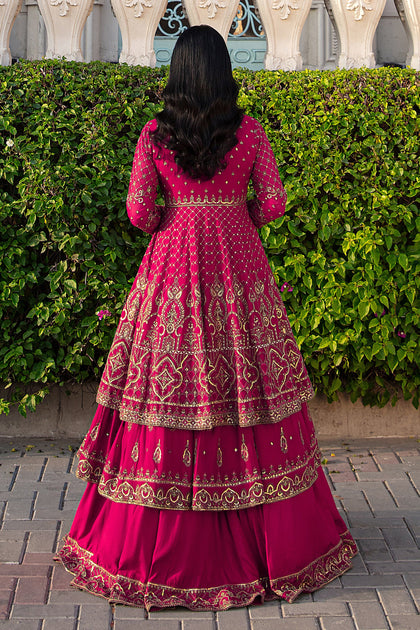 Shocking Pink Pakistani Wedding Dress Double Layered Frock with Leheng ...