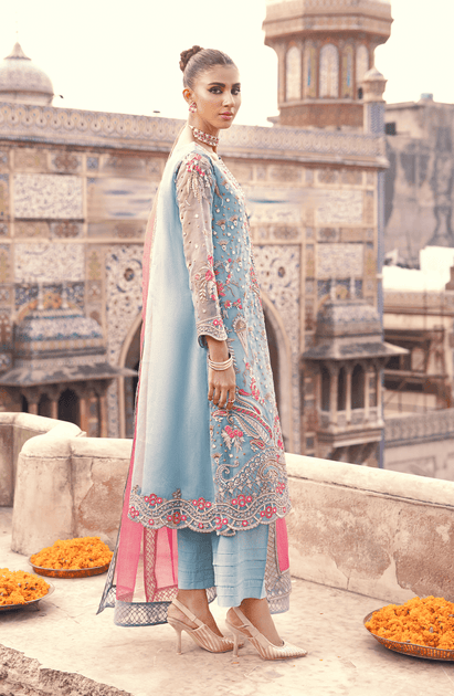 Aqua Blue Pakistani Salwar Kameez with Pink Contrast – Nameera by Farooq