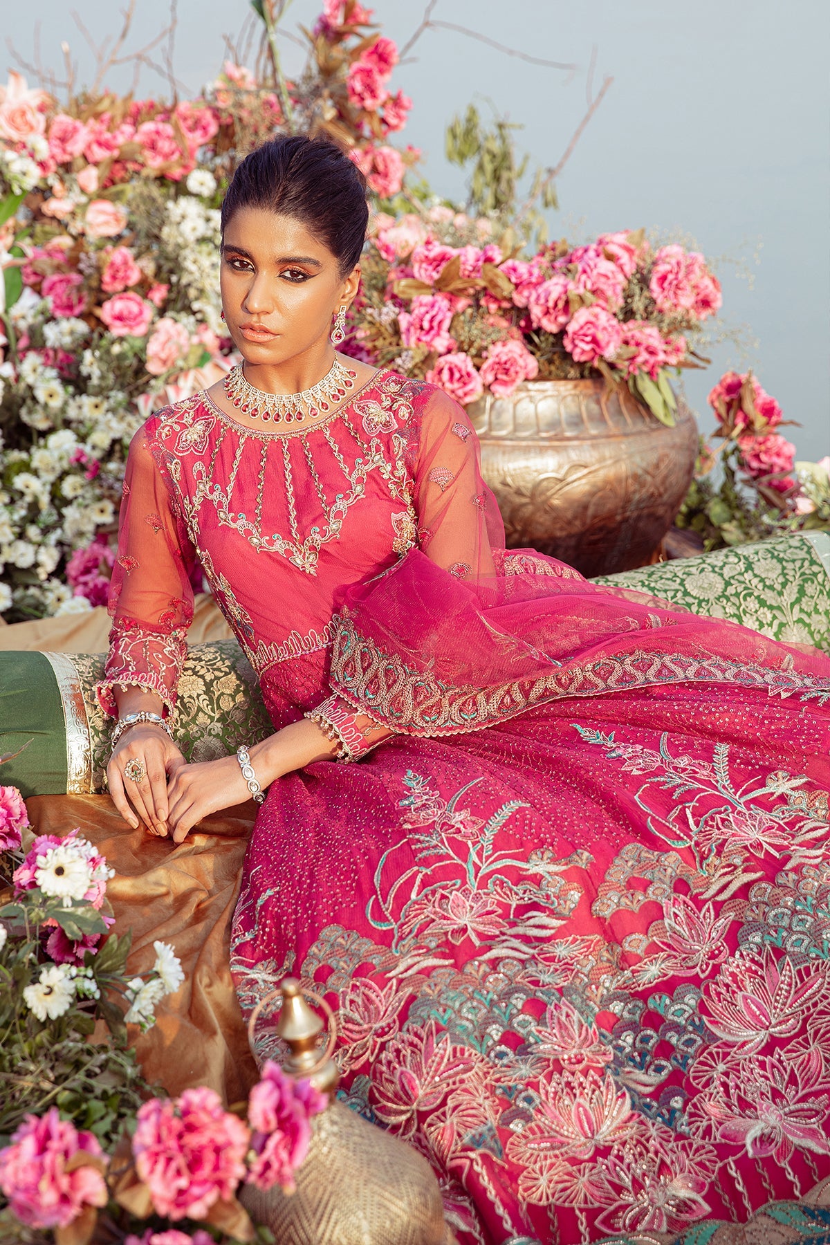 Bright Pink Pakistani Wedding Dress In Long Frock Style Nameera By Farooq