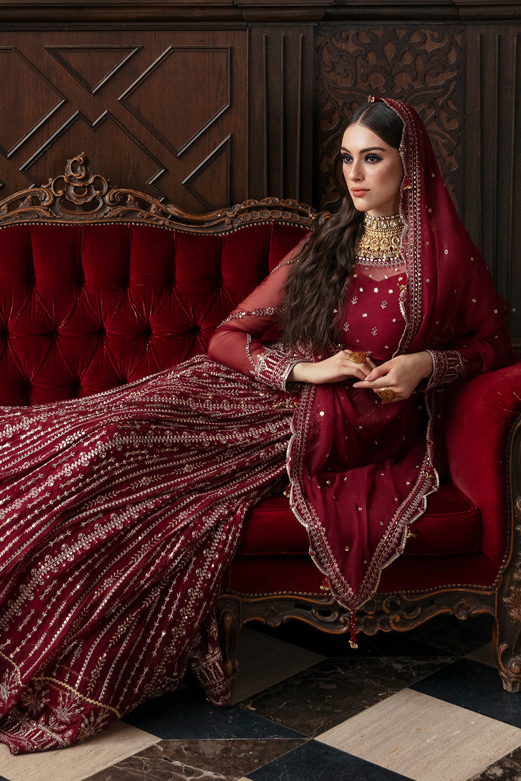 Classic Red Pakistani Wedding Dress in Pishwas Style – Nameera by Farooq