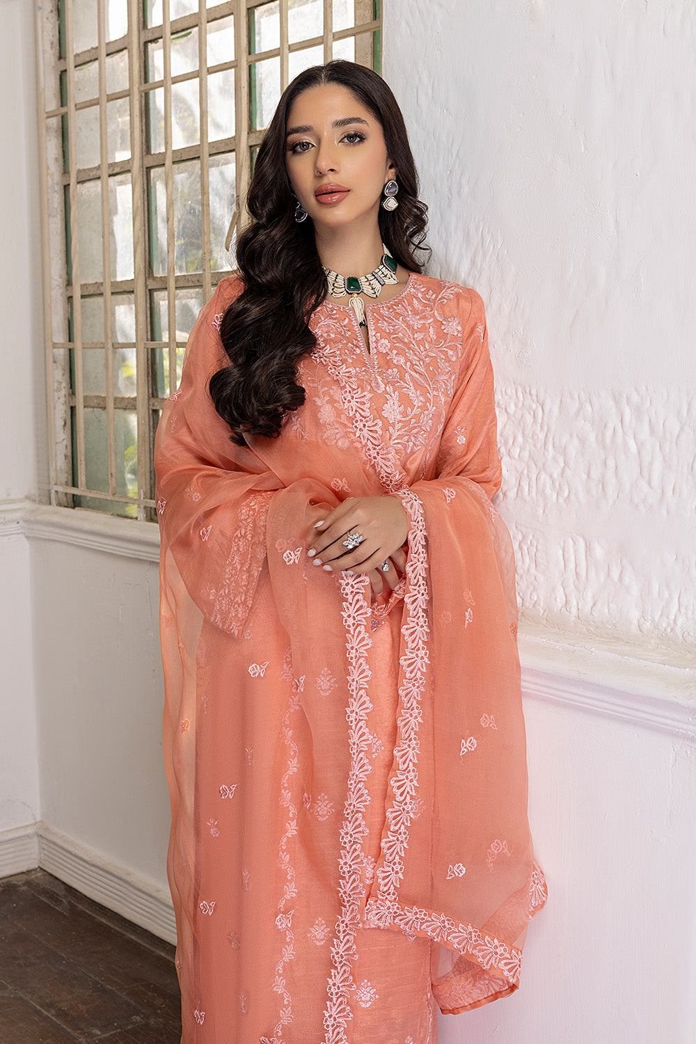 Elegant Deep Peach Pakistani Salwar Kameez with Dupatta – Nameera by Farooq