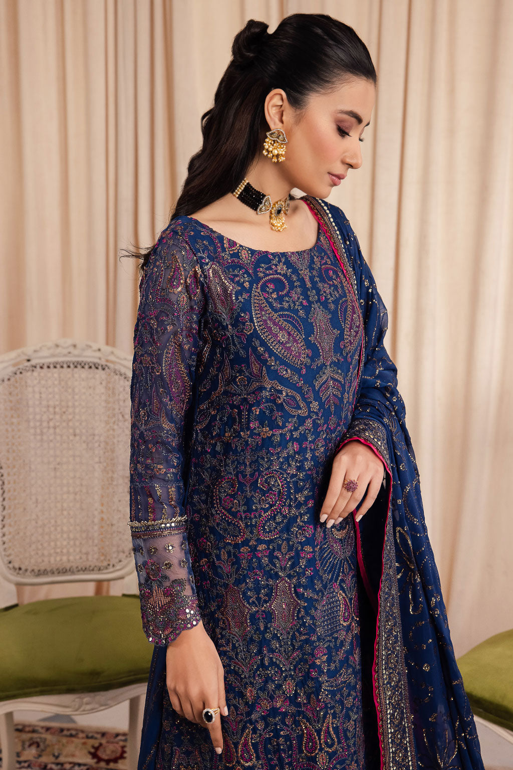 Elegant Royal Blue Pakistani Salwar Suit Kameez Palzo – Nameera by Farooq