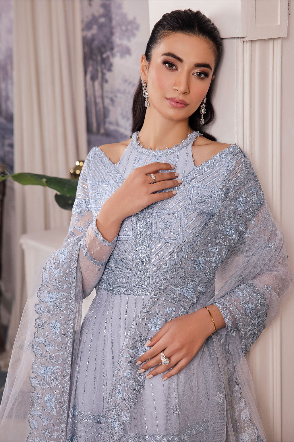 Luxury Grey Pakistani Wedding Dress Long Pishwas Frock – Nameera by Farooq