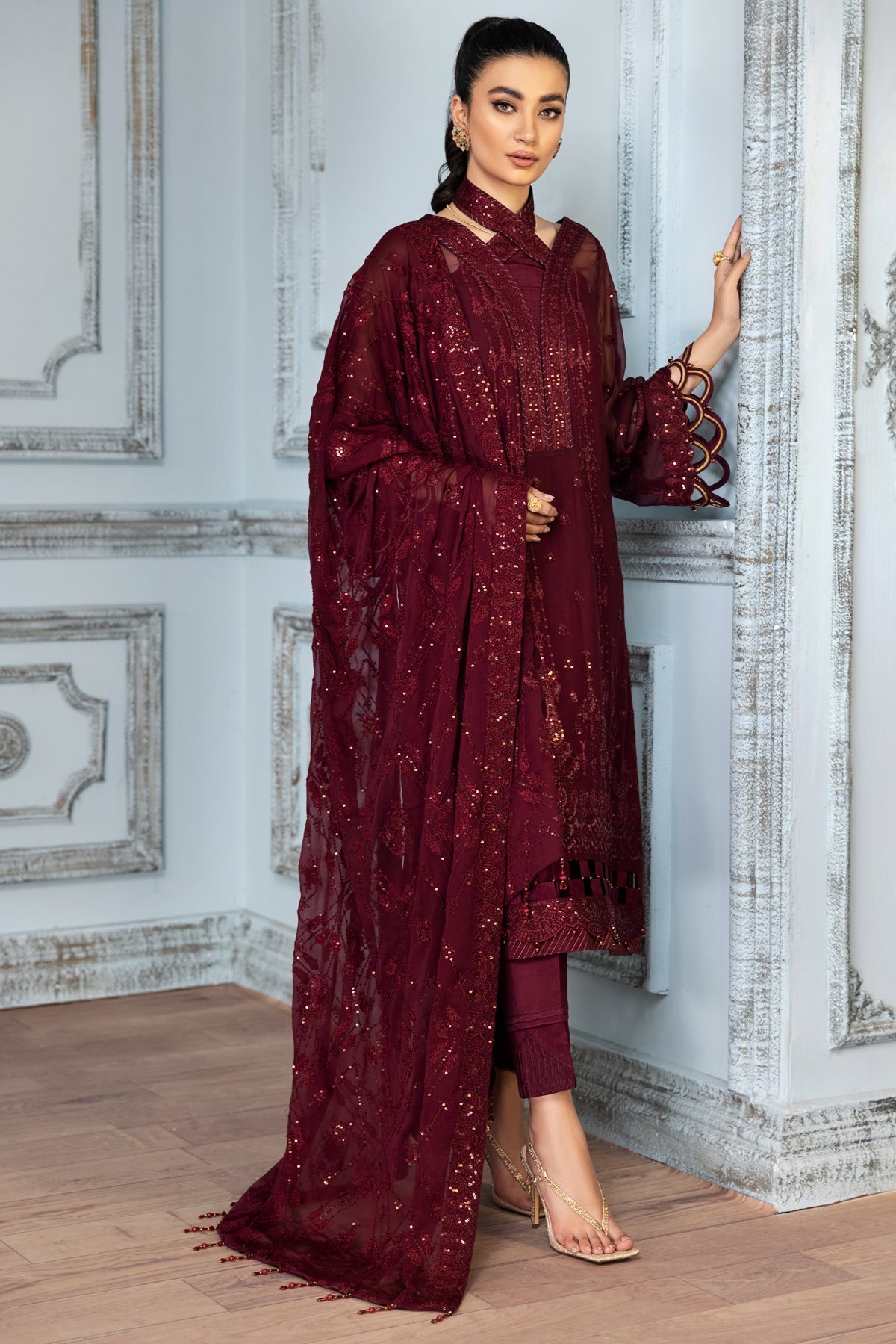Maroon Net Heavily Embroidered Pakistani Gown Style Party Dress ...