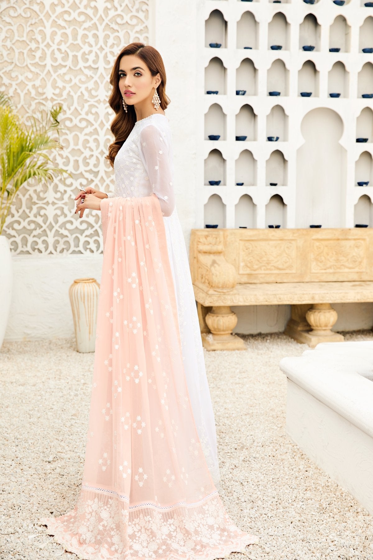 Pearl White Pakistani Embroidered Long Frock Peach Dupatta – Nameera by ...