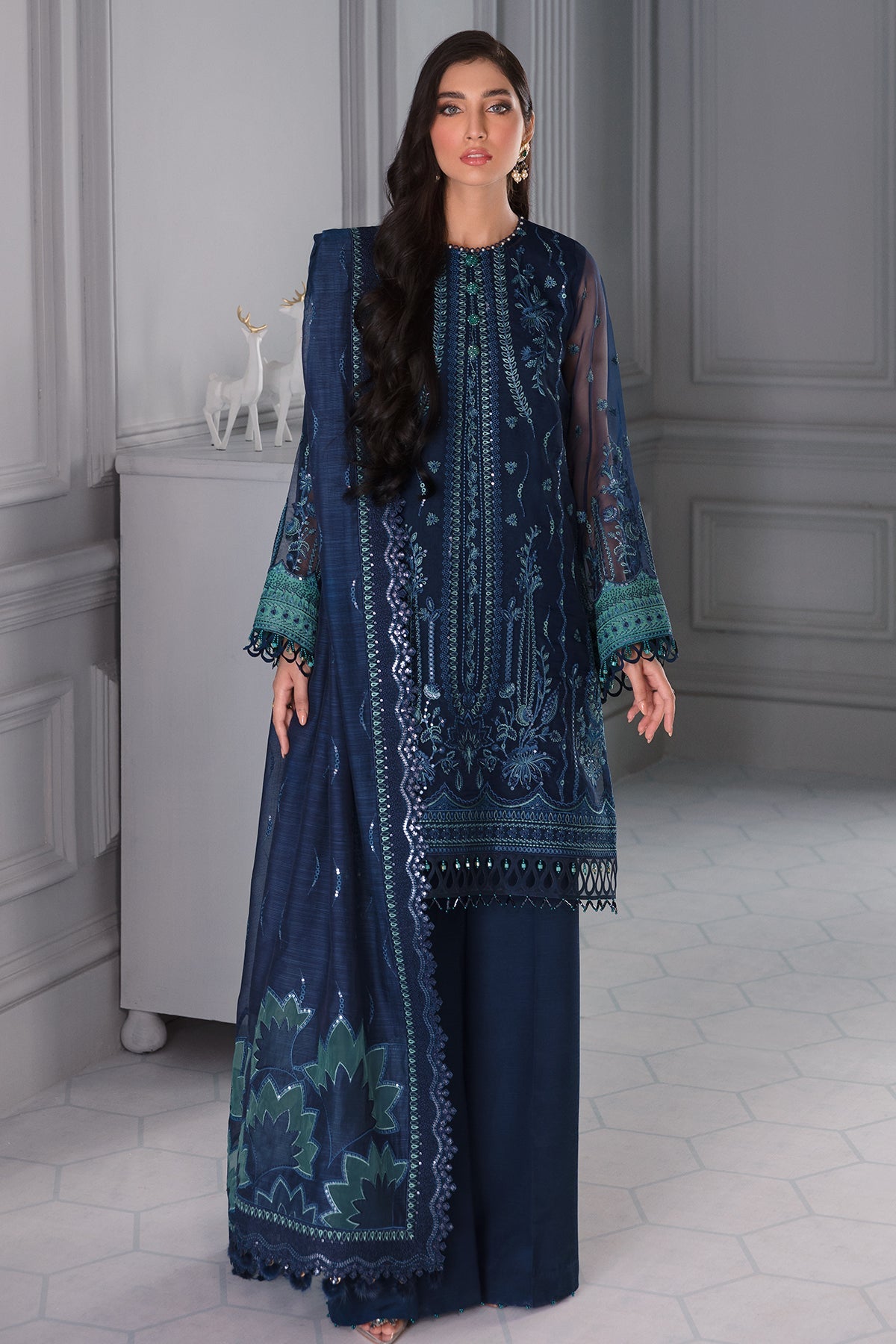 Royal Blue Embroidered Pakistani Salwar Kameez Dupatta – Nameera by Farooq