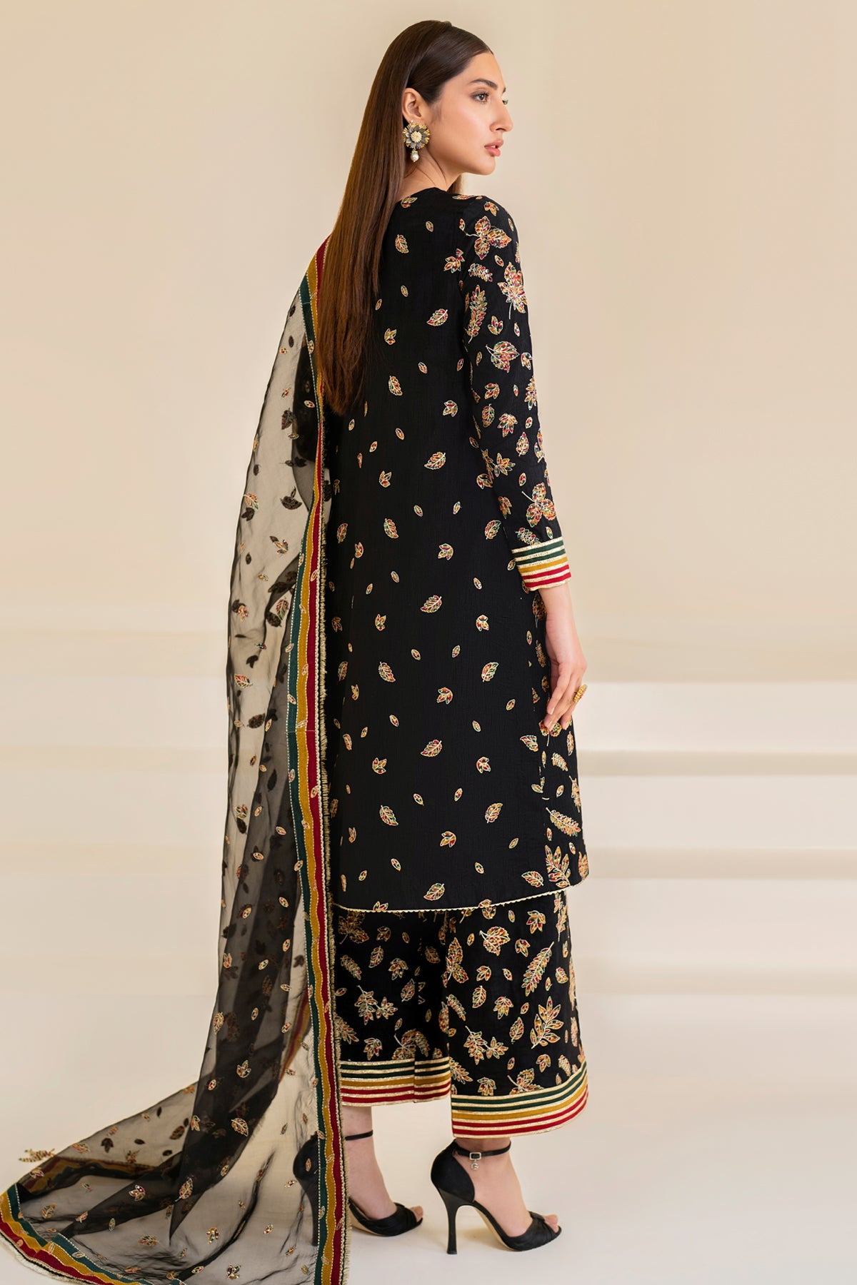 Silk Pakistani Embroidered Party Dress in Black Shade – Nameera by Farooq
