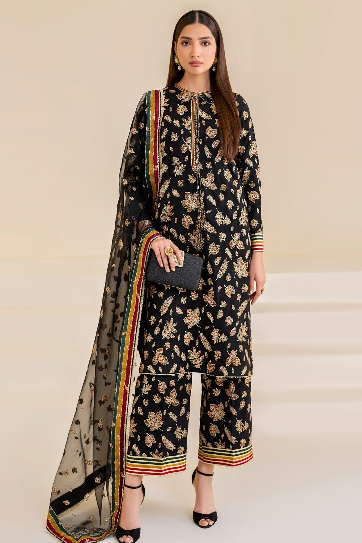 Silk Pakistani Embroidered Party Dress in Black Shade – Nameera by Farooq