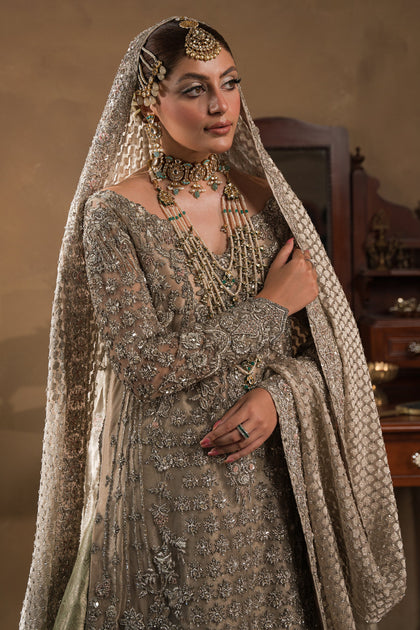 Silver Pakistani Bridal Dress Farshi Bridal Lehenga – Nameera by Farooq