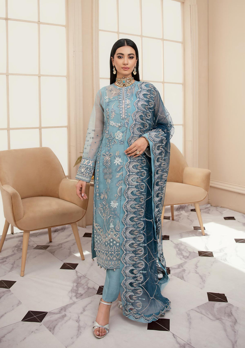 Luxury Sky Blue Capri Style Pakistani Salwar Kameez Dupatta – Nameera ...