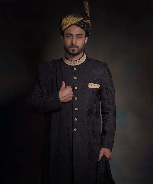 Traditional Black Nawab Style Pakistani Groom Sherwani – Nameera by Farooq