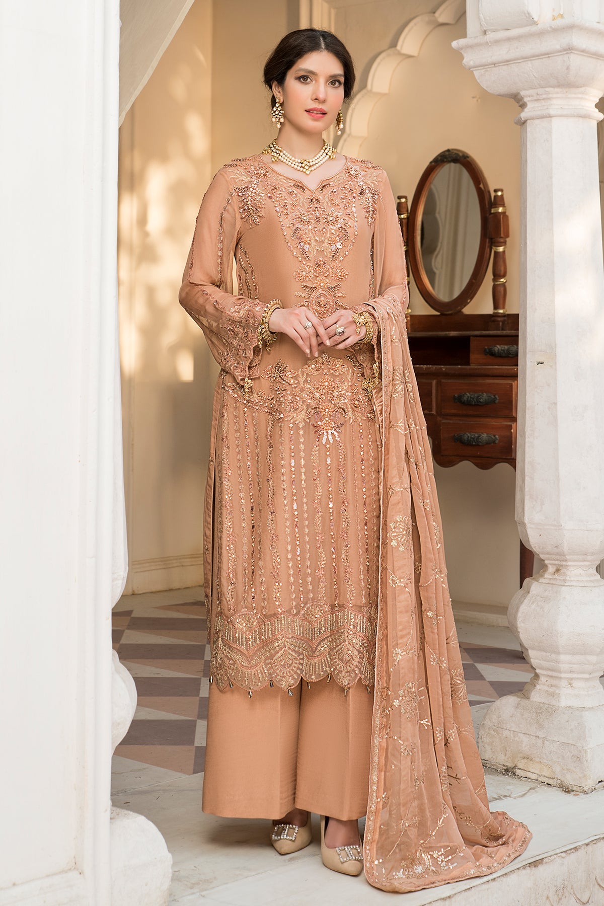 Traditional Gold Pakistani Party Salwar Kameez Dupatta – Nameera by Farooq