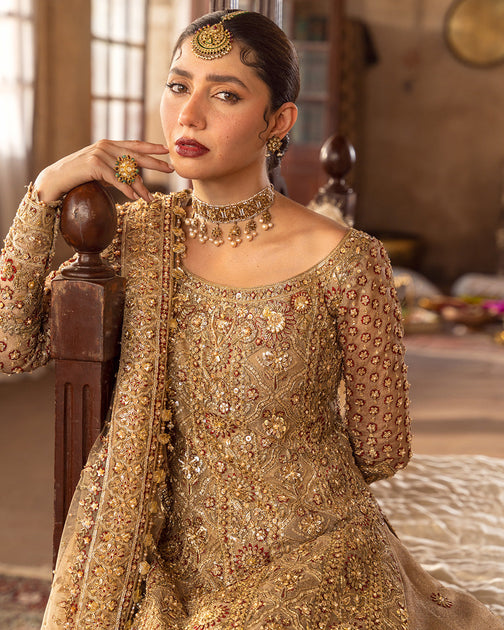 Pakistani Bridal Dress in Golden Gharara Kameez Style – Nameera by Farooq