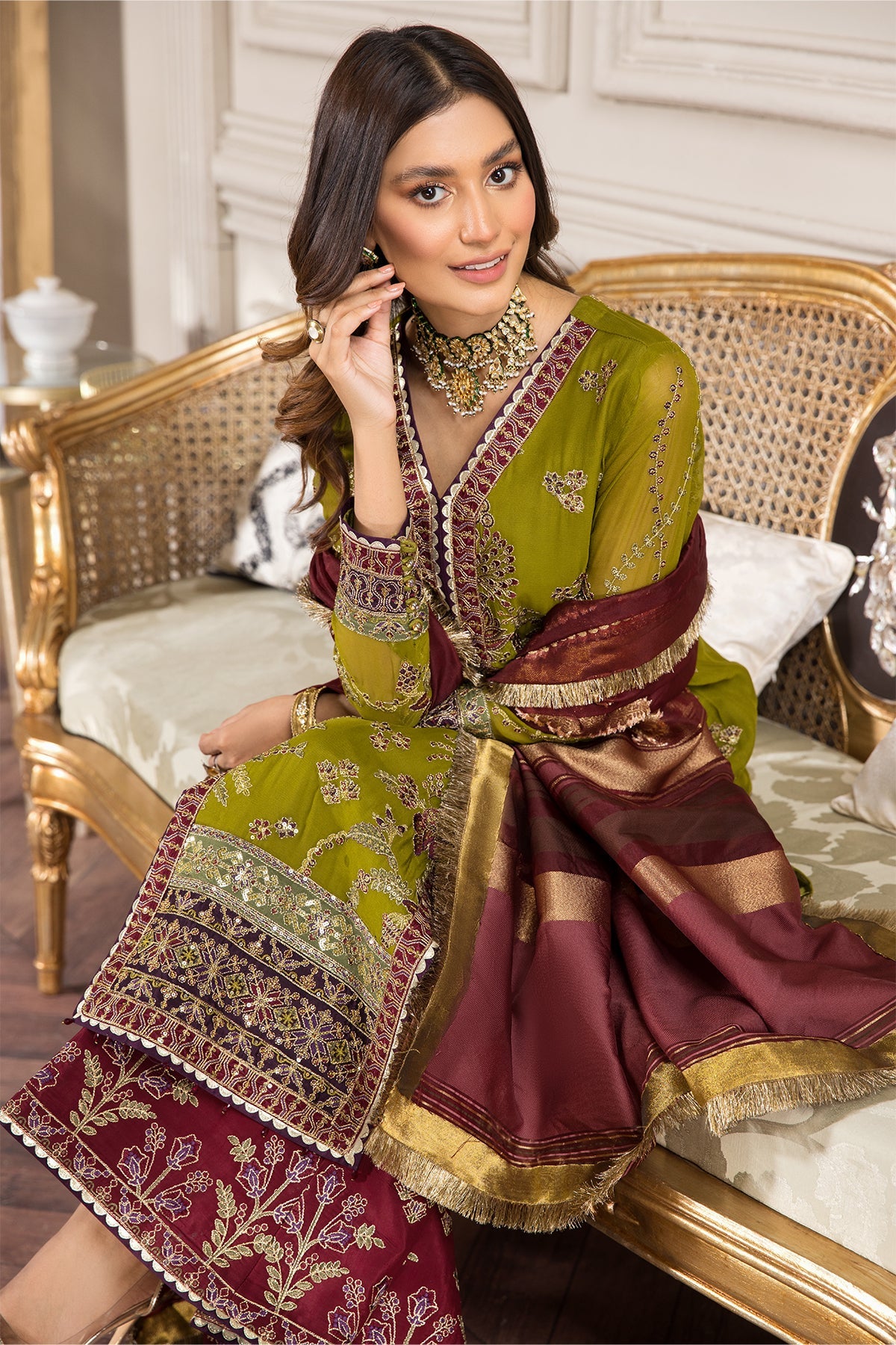 Classic Mehndi Pakistani Embroidered Gown Wedding Dress – Nameera by Farooq