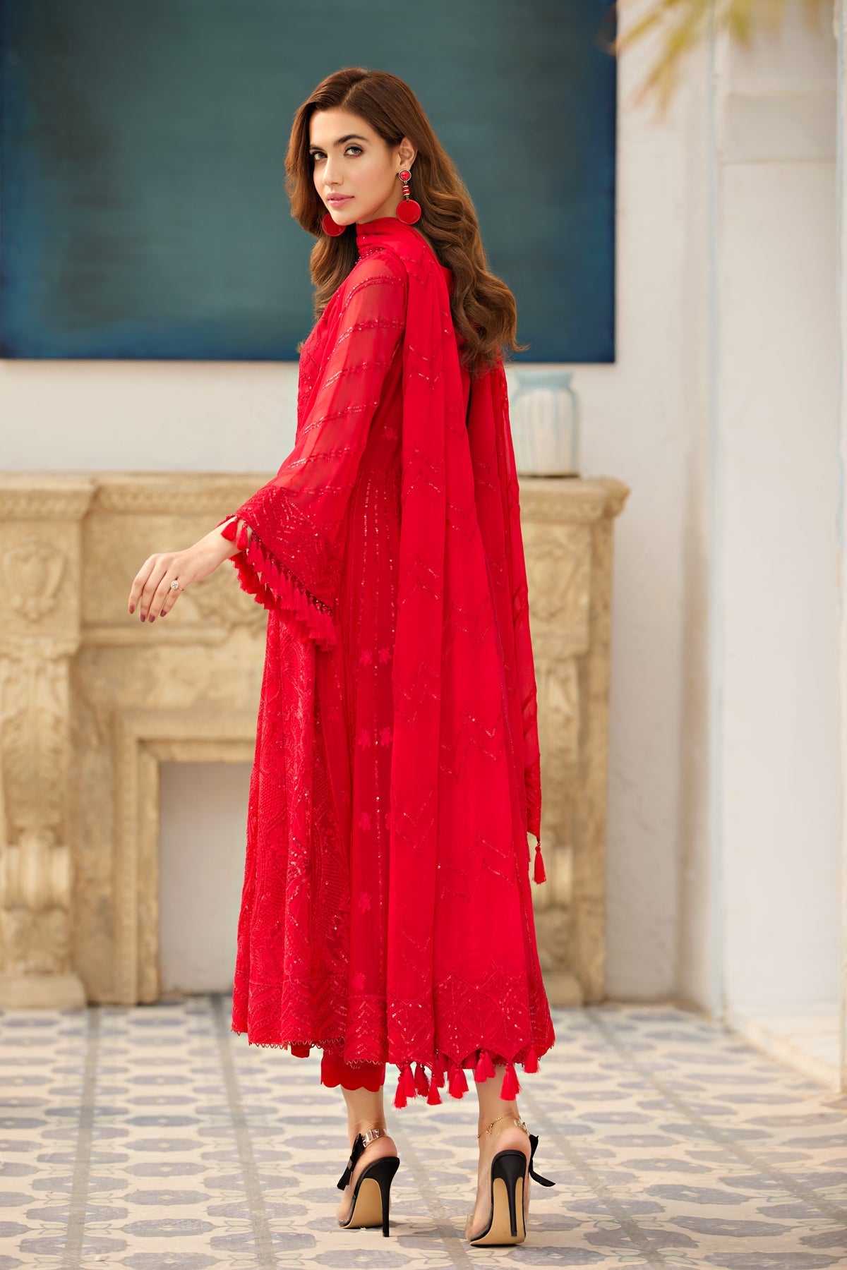 Rose Red Embroidered Pakistani Frock Dupatta Party Dress – Nameera by ...