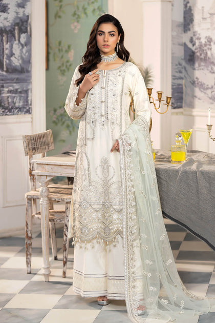 White Pakistani Party Dress in Kameez Trouser Style – Nameera by Farooq