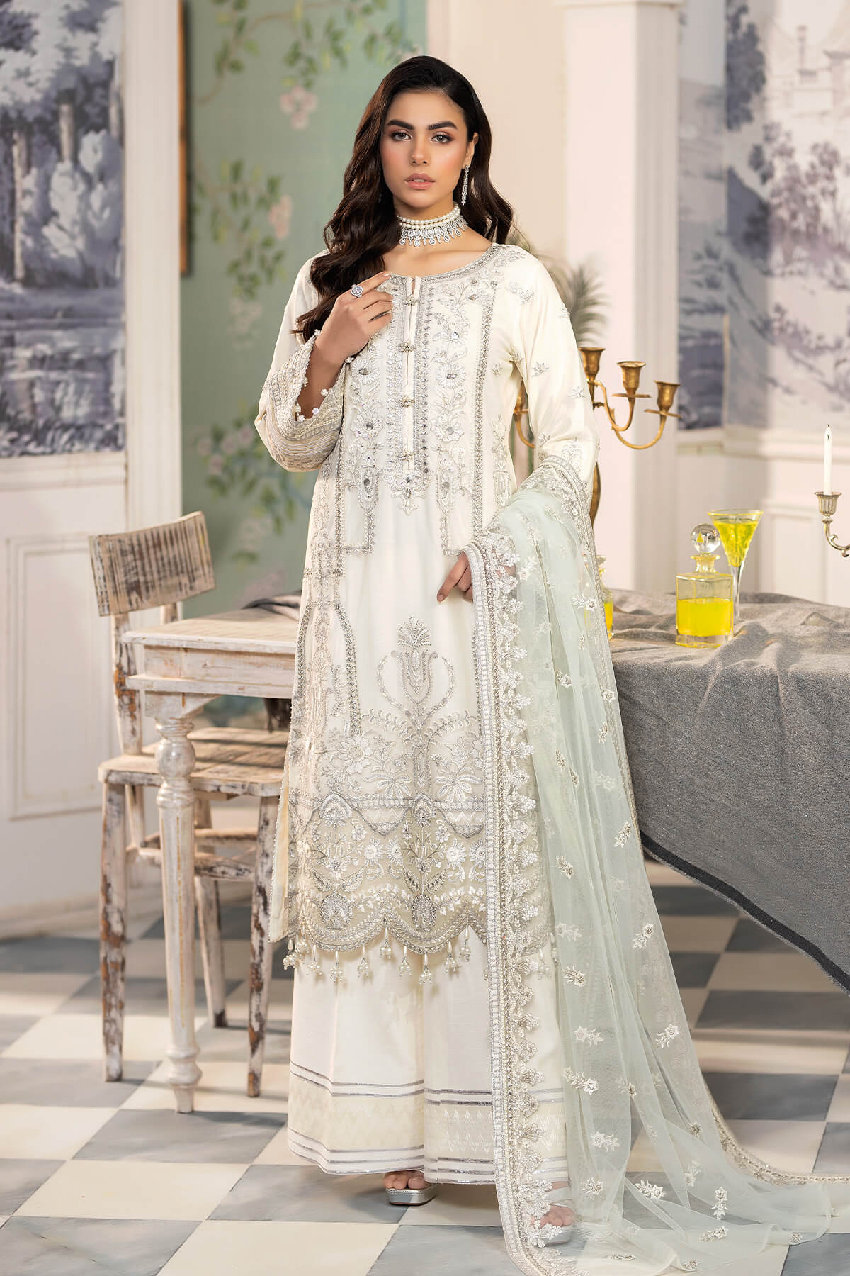 White Pakistani Party Dress in Kameez Trouser Style – Nameera by Farooq