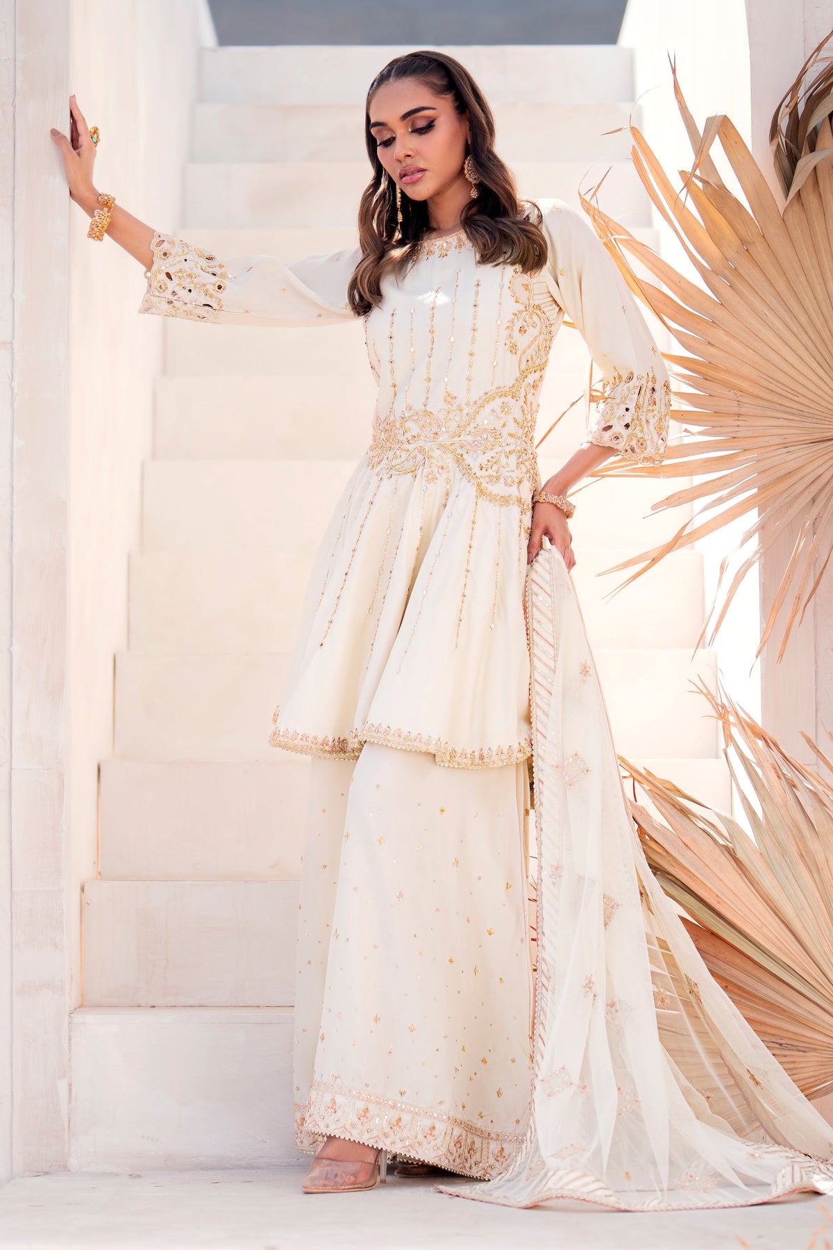 Bright White Pakistani Wedding Dress Embroidered Gharara Frock ...