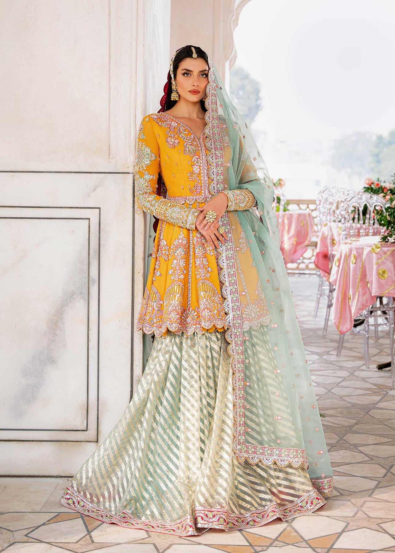Yellow Blue Contrast Pakistani Party Wear Sharara Kameez – Nameera by ...