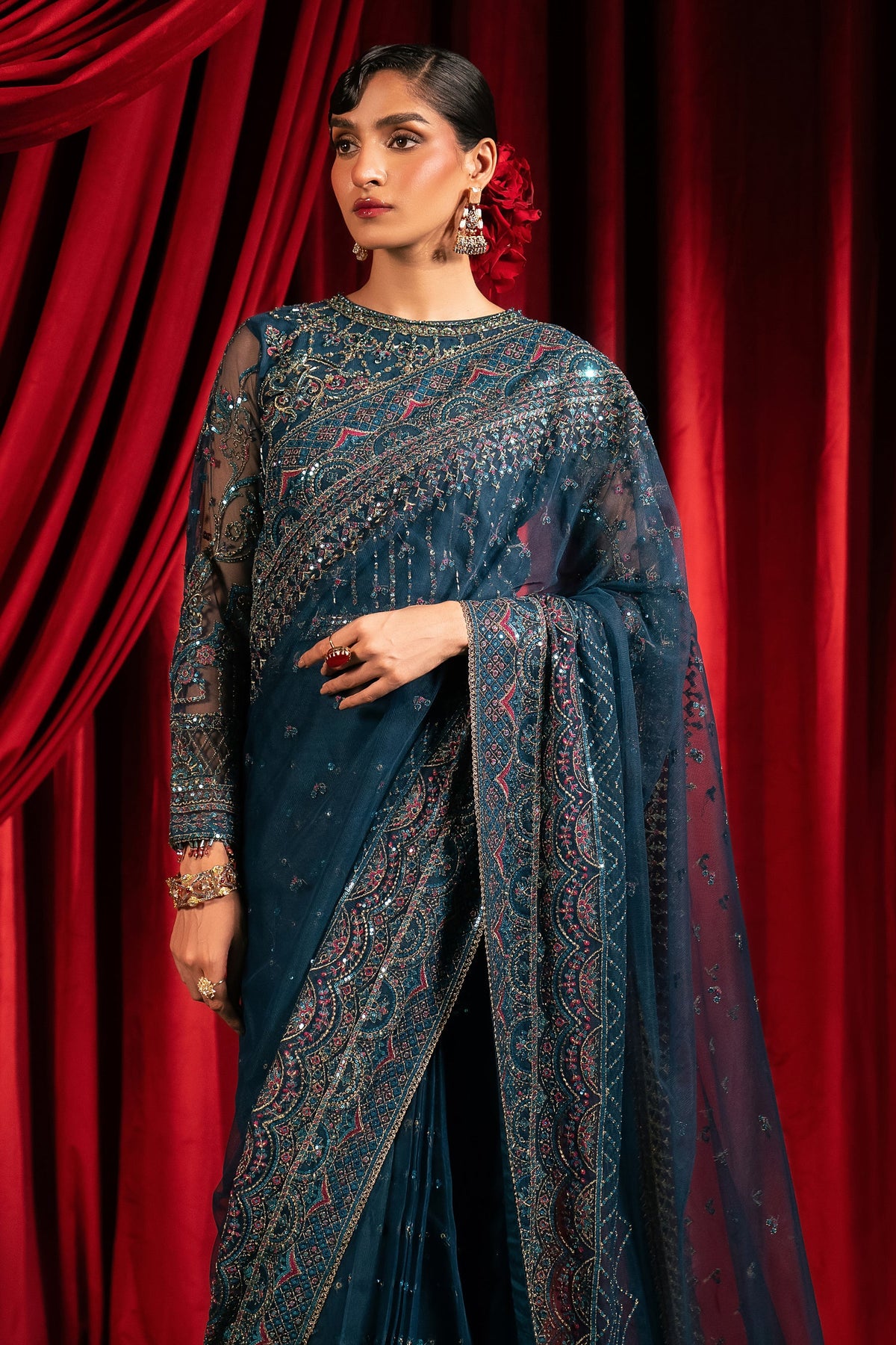 Zinc Shade Elegant Pakistani Wedding Dress Embroidered Net Saree ...