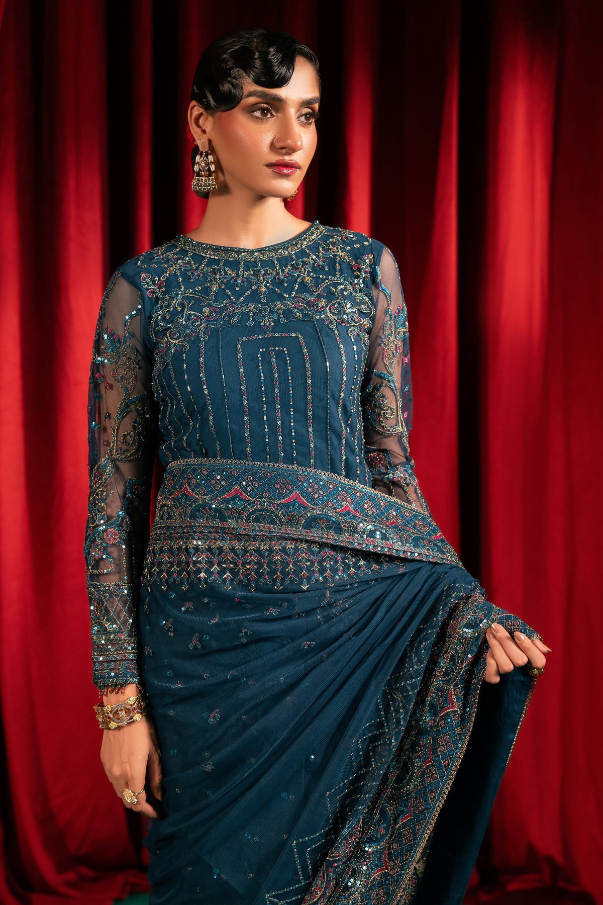 Zinc Shade Elegant Pakistani Wedding Dress Embroidered Net Saree ...