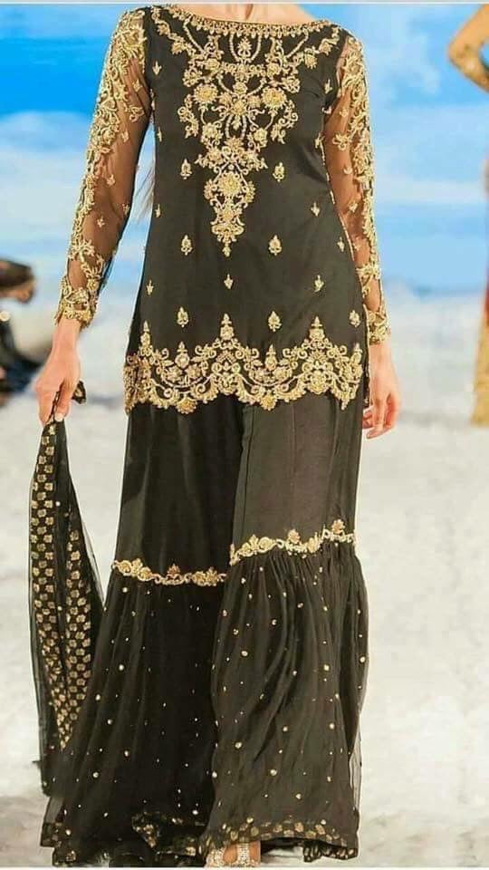 Beutifull wedding party gharara set in black golden color Model # P 91 ...