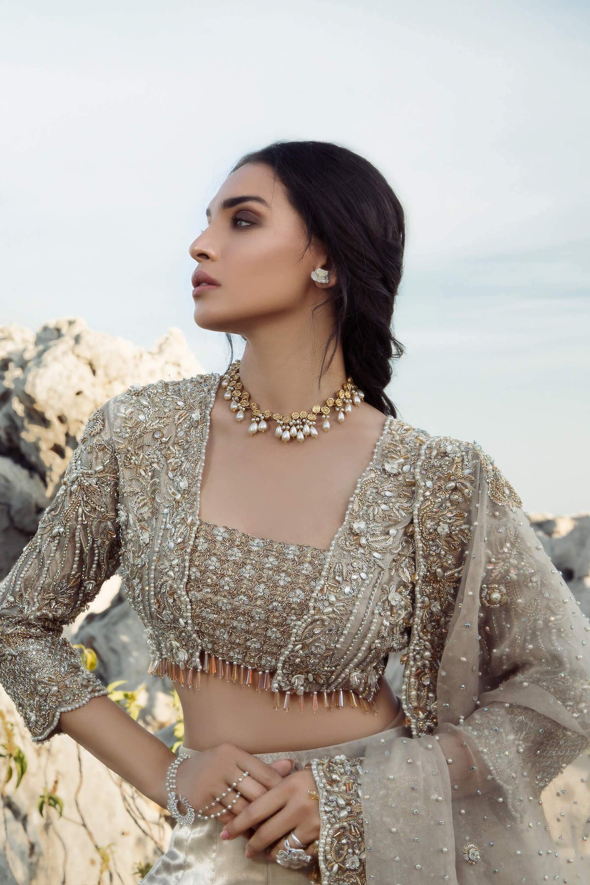 Asian Bridal Lehnga Choli in Ivory Color – Nameera by Farooq