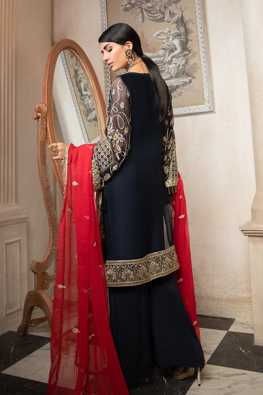 Shop Classic Black And Red Combination Dress In Chiffon – Nameera by Farooq