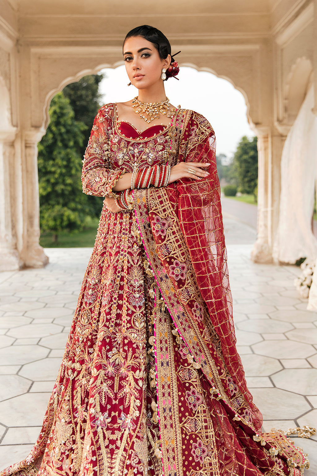 Red Pakistani Bridal Dress in Embellished Gown Style – Nameera by Farooq