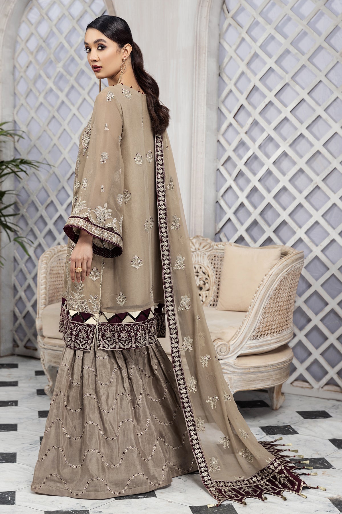Beige Farshi Gharara with Lavish Embroidery Online 2022 – Nameera by Farooq