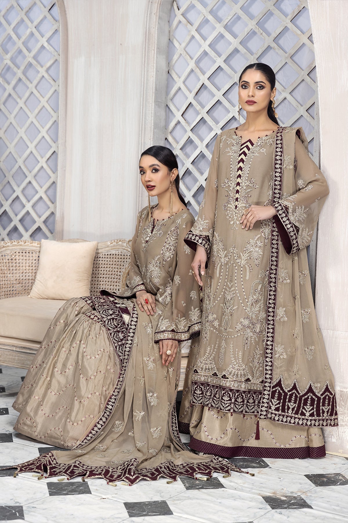 Beige Farshi Gharara with Lavish Embroidery Online 2022 – Nameera by Farooq