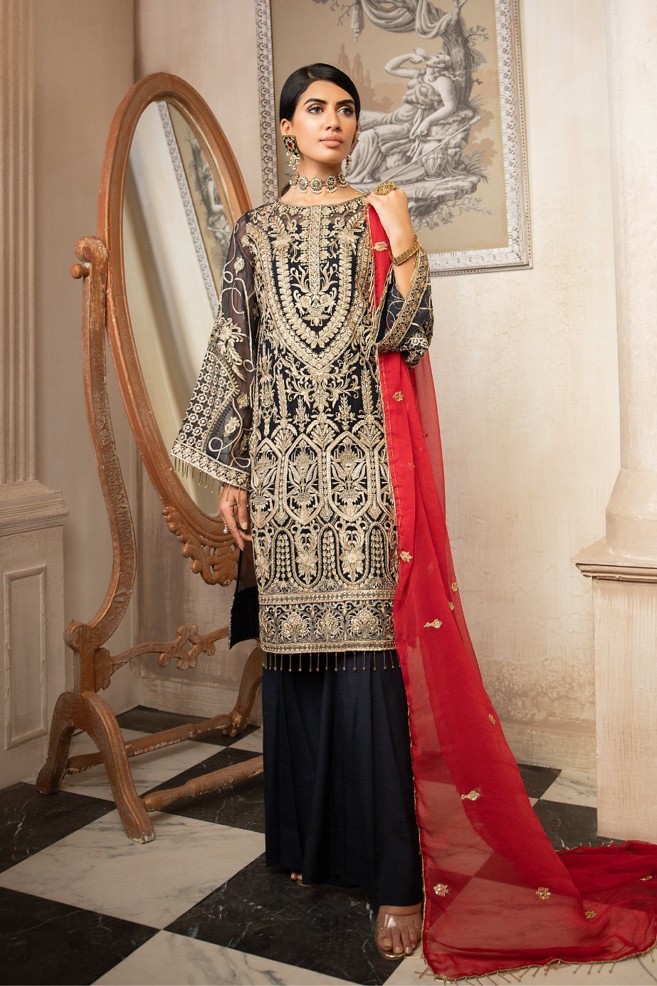 Shop Classic Black And Red Combination Dress In Chiffon – Nameera by Farooq