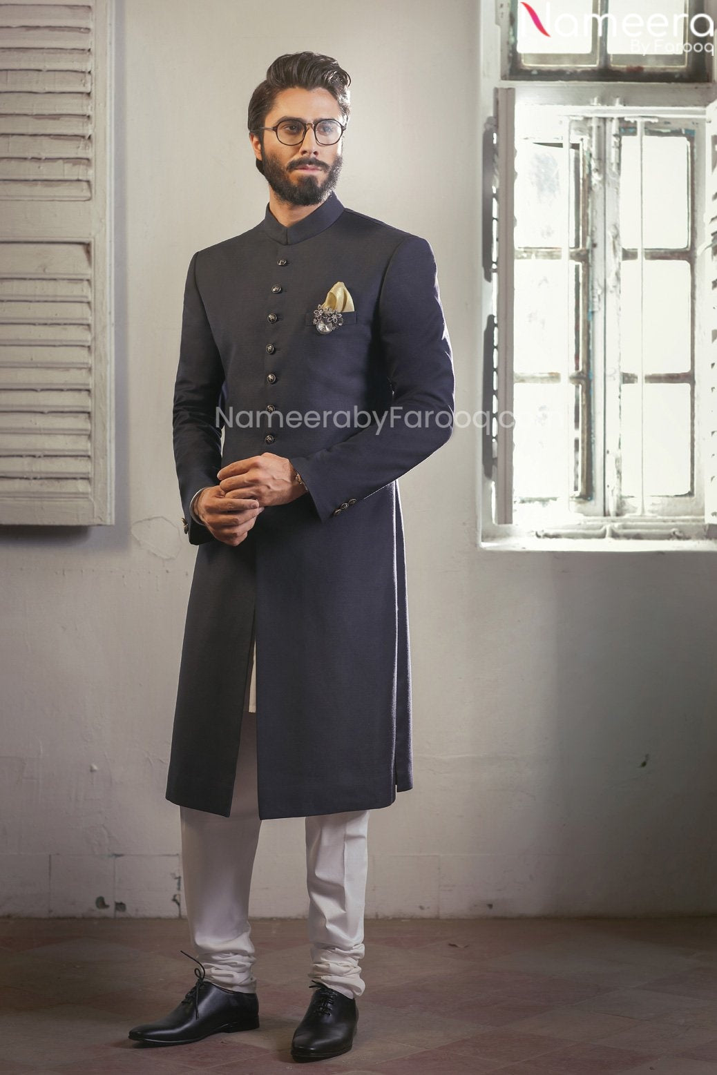 Elegant Pakistani Black Sherwani Wedding Designer Dress – Nameera by Farooq
