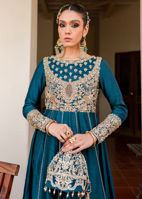 Blue Gold Long Pishwas for Pakistani Wedding Dresses – Nameera by Farooq
