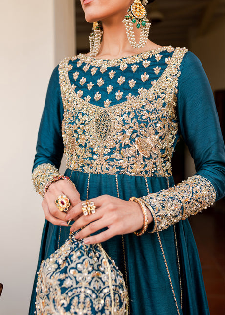 Blue Gold Long Pishwas for Pakistani Wedding Dresses – Nameera by Farooq