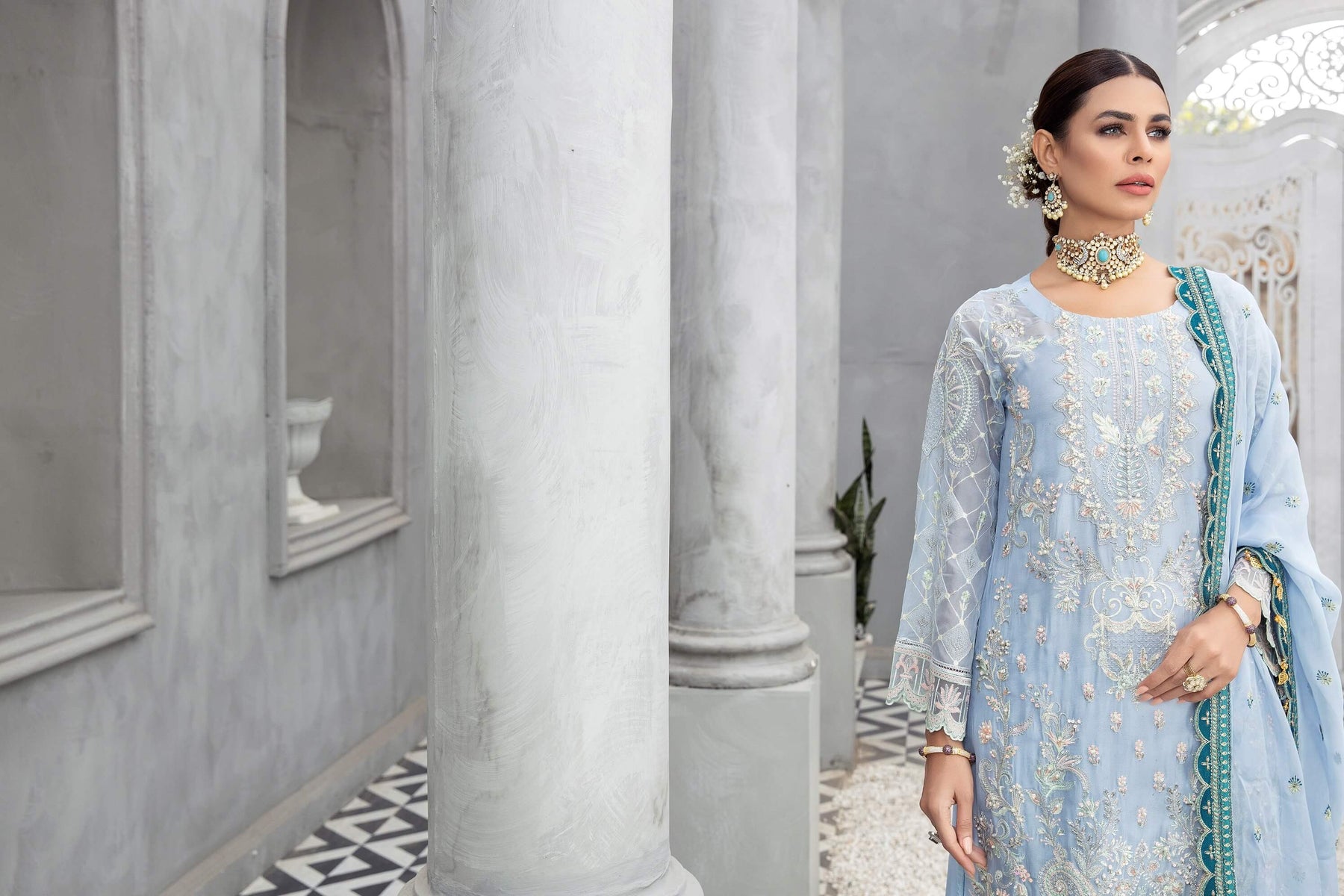 Blue Pakistani Dress in Kameez Sharara Dupatta Style – Nameera by Farooq