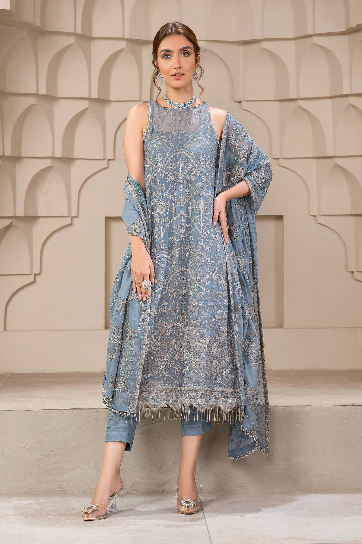 Buy Blue Short Shirt with Capri Pakistani Party Wear – Nameera by Farooq