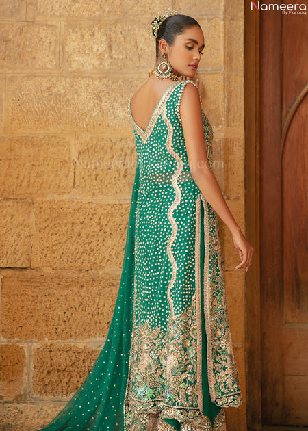 Designer Bridal Pakistani Bottle Green Lehenga with Long Kameez ...