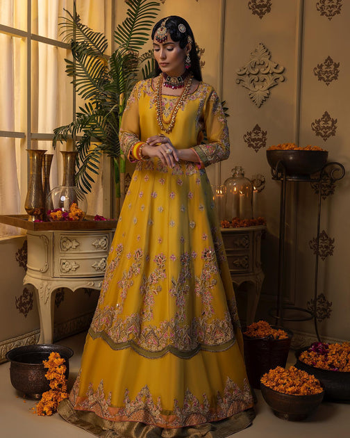 Pakistani Bridal Lehenga and Pishwas Yellow Mehndi Dress – Nameera by Farooq