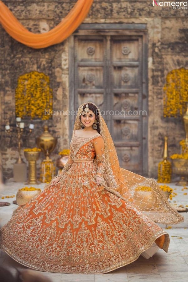 Pakistani Bridal Mehndi Outfit in Long Frock with Dupatta – Nameera by Farooq