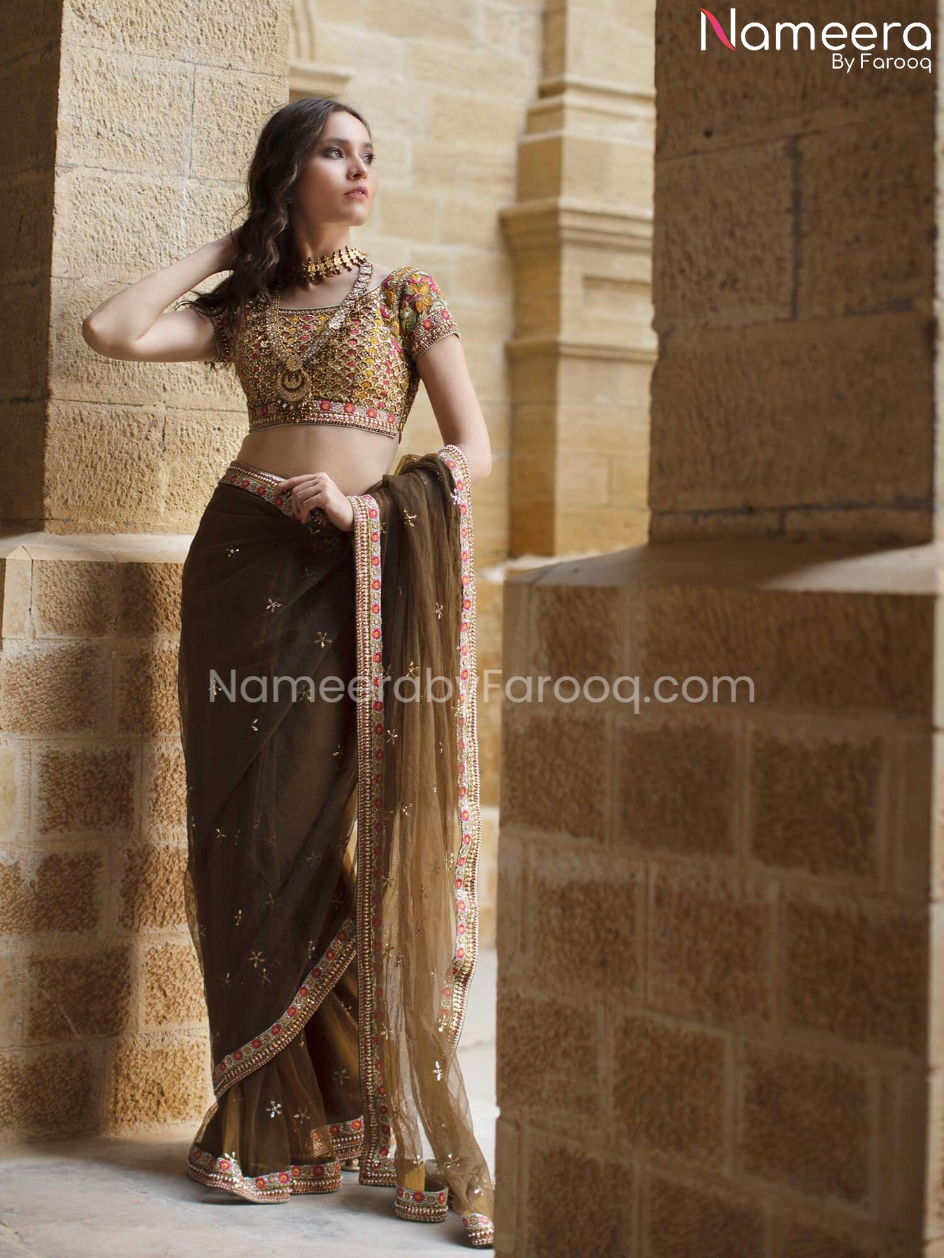 Traditional Bridal Net Saree in Olive Color Online 2021 – Nameera by Farooq